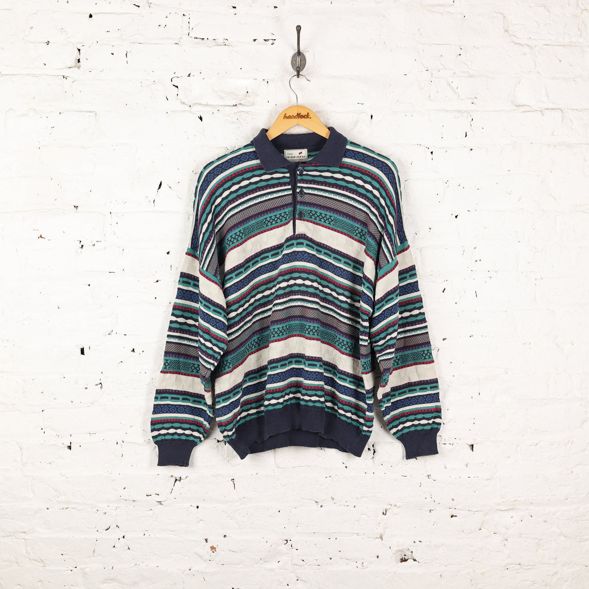 90s Collared Knit Texture Jumper - Blue - XL – Headlock