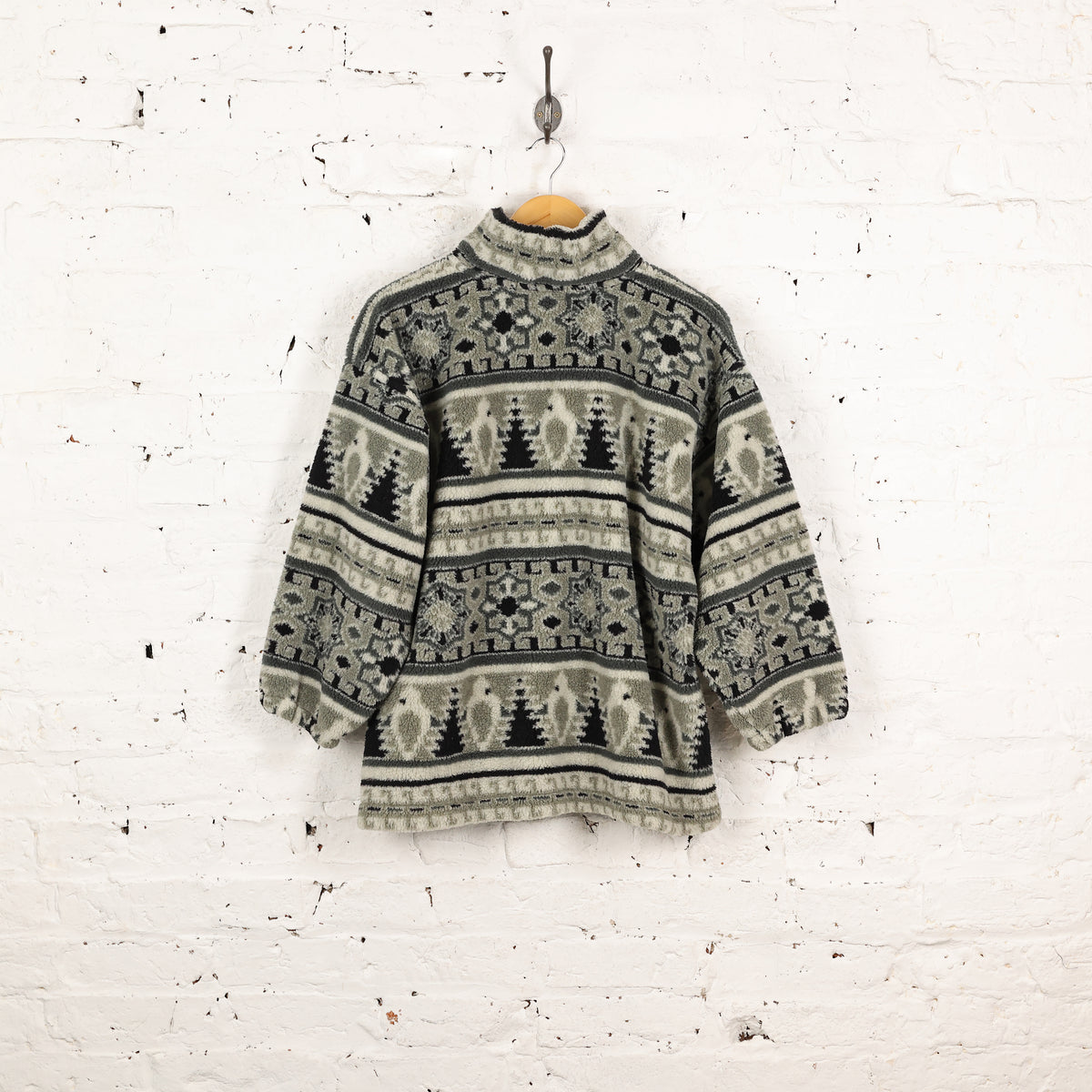 90s 1/4 Zip Pattern Pile Fleece - Grey - L – Headlock